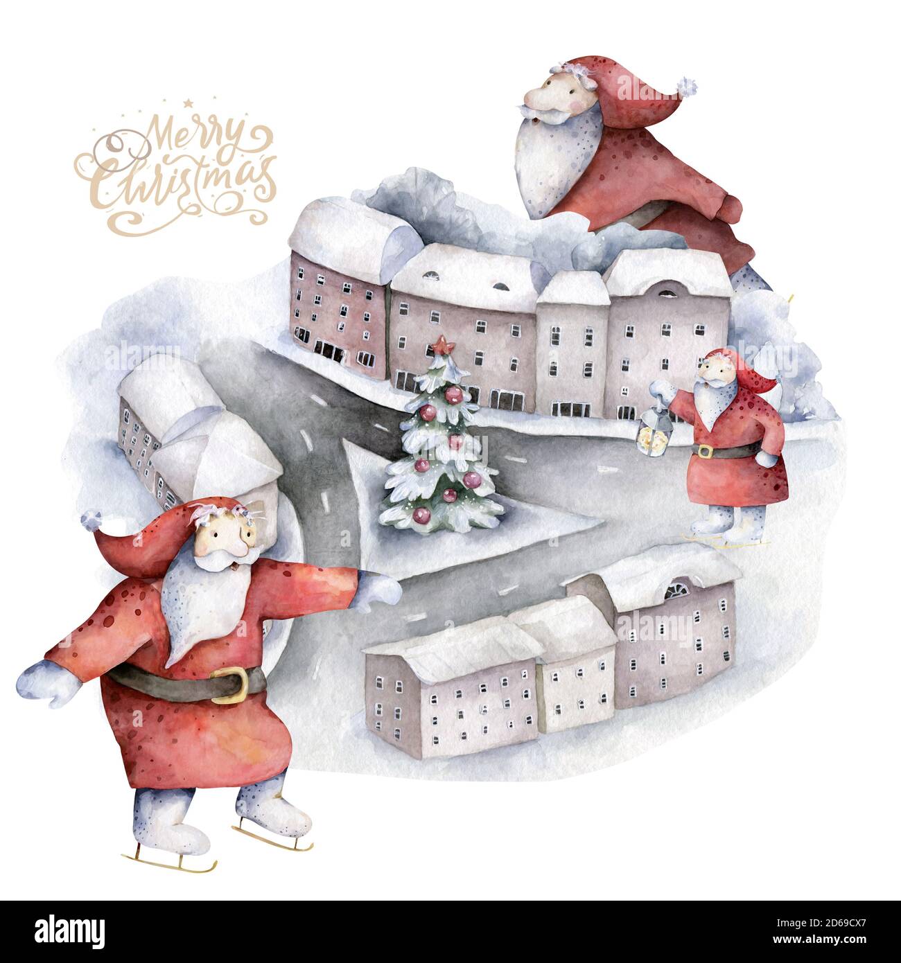 Hand drawn scandinavian watercolor illustrations set of Christmas Santa ...