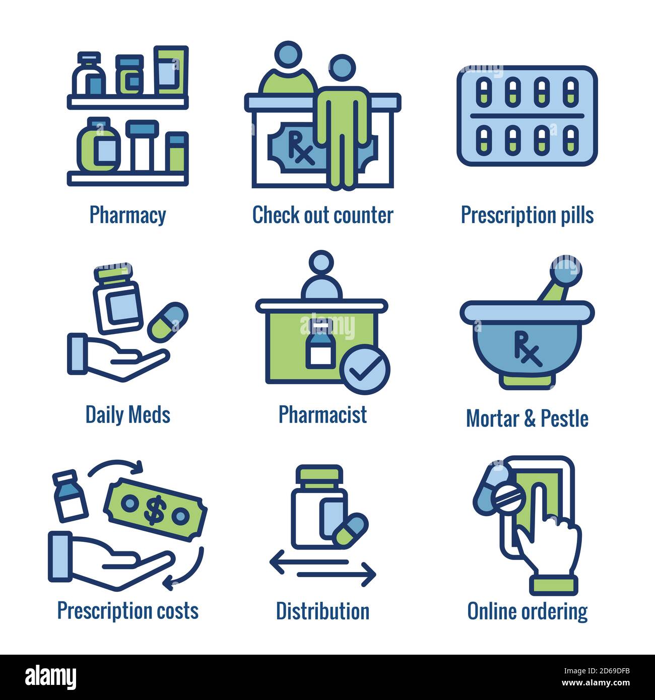 Pharmaceuticals, medication icon set with mortar and pestle, pharmacy ...