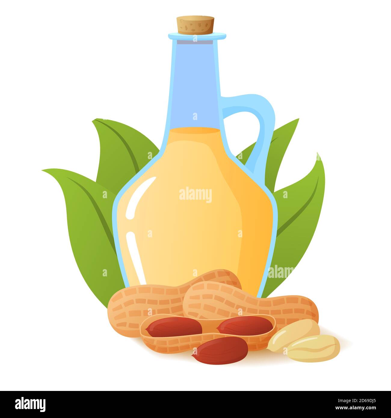 Peanut oil in glass bottle.Nut with palm leaves. Flat illustration ...