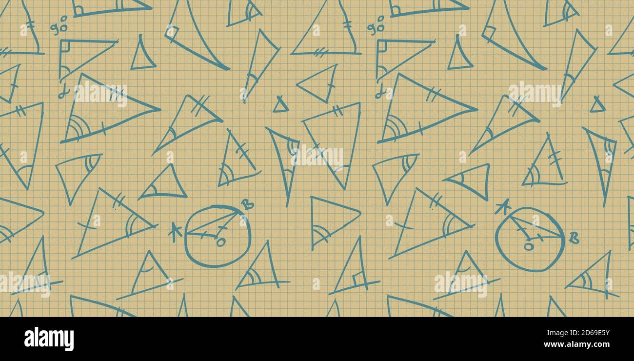 vector seamless pattern with handwriting blue math figures triangles ...