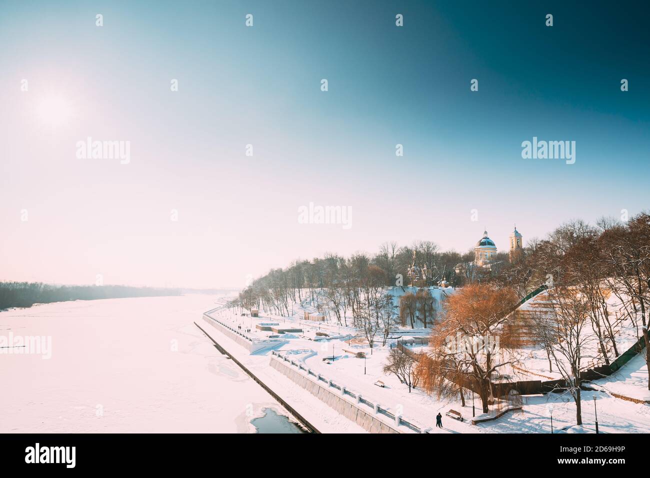 Gomel, Belarus. Winter City Park, Frozen River, Embankment And Peter ...