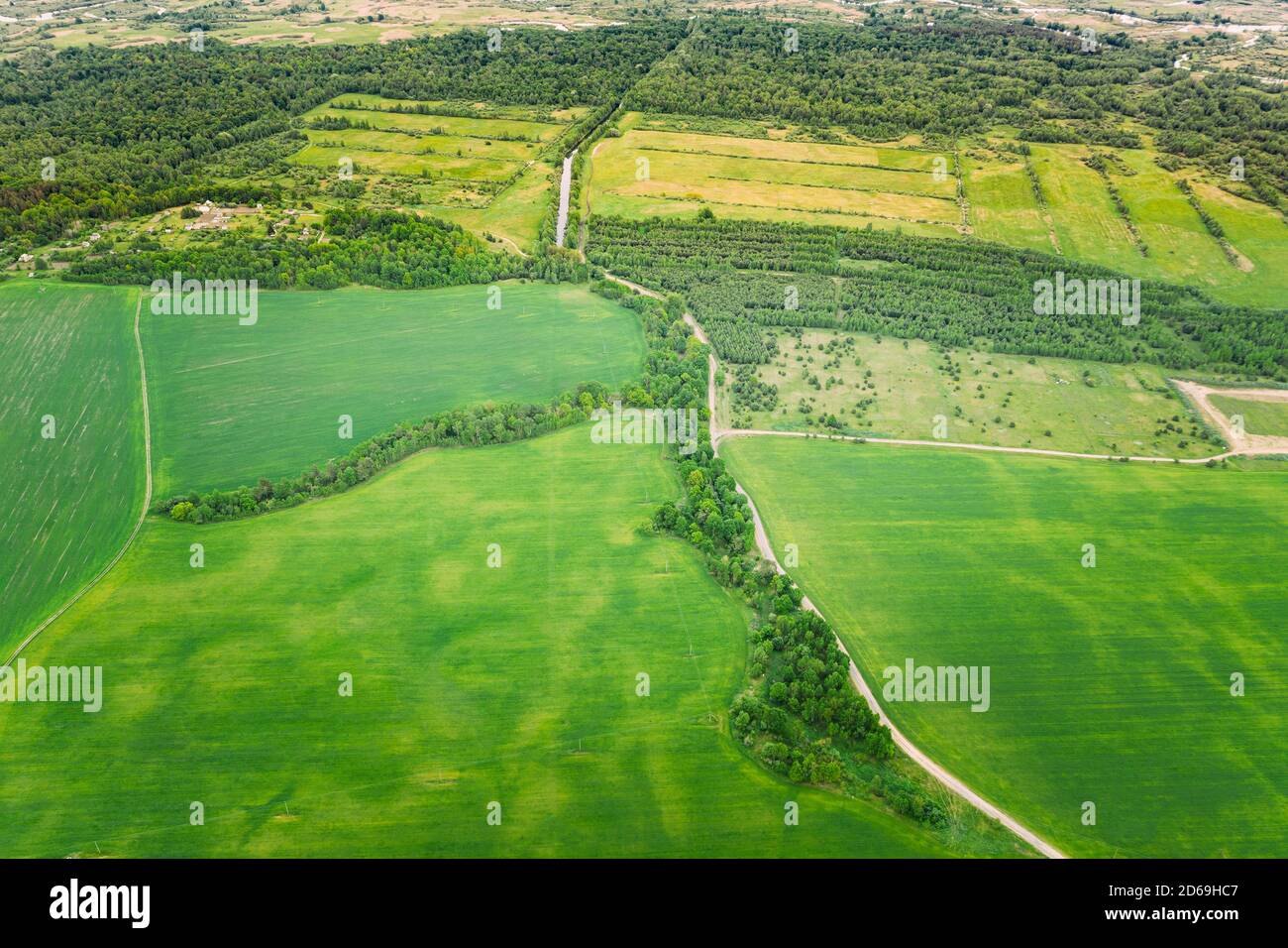 Aerial View Spring Empty Field With Windbreaks Landscape. Top View Of ...