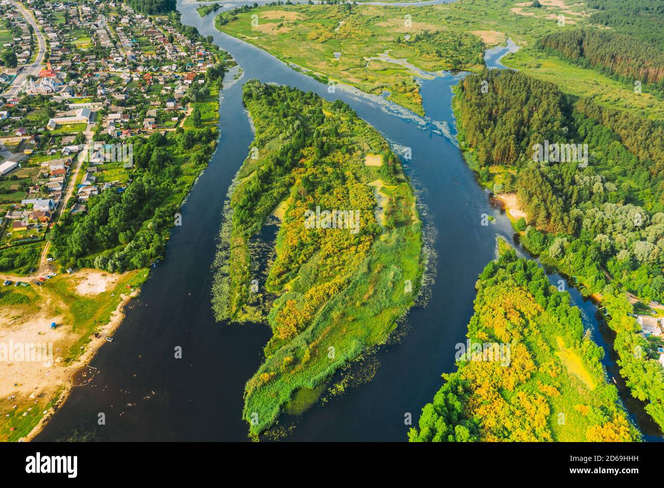 Aerial View Of Summer River Landscape In Sunny Summer Day. Top View Of ...