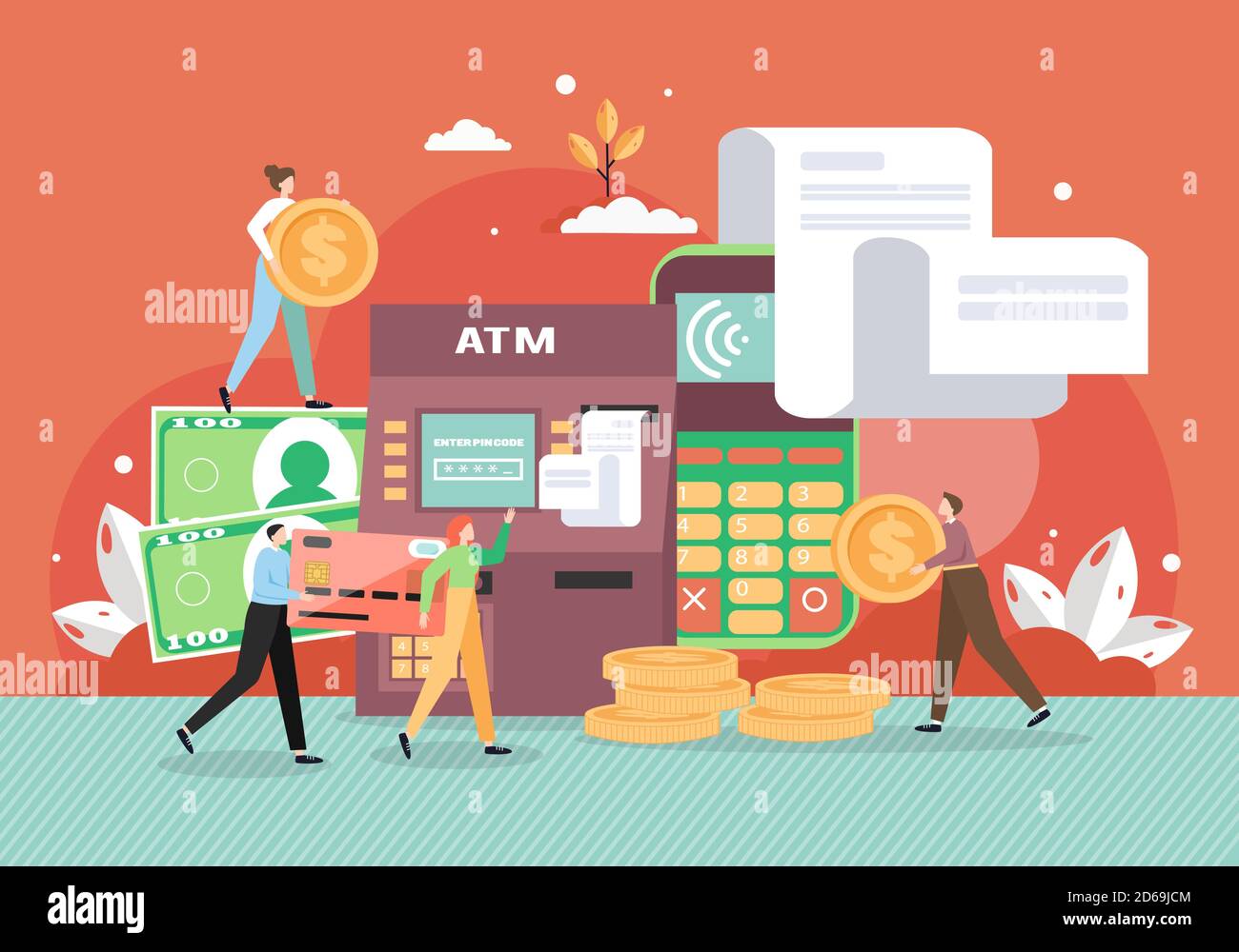 ATM machine, mobile phone with invoices. People making money ...