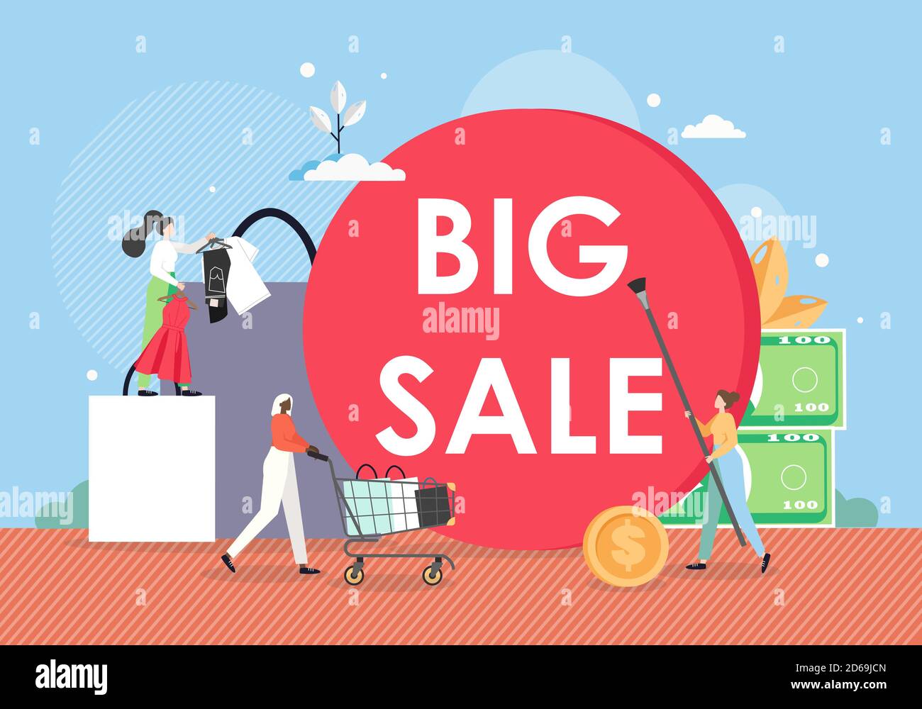 Big sale promotion banner template. Female cartoon characters shopping ...