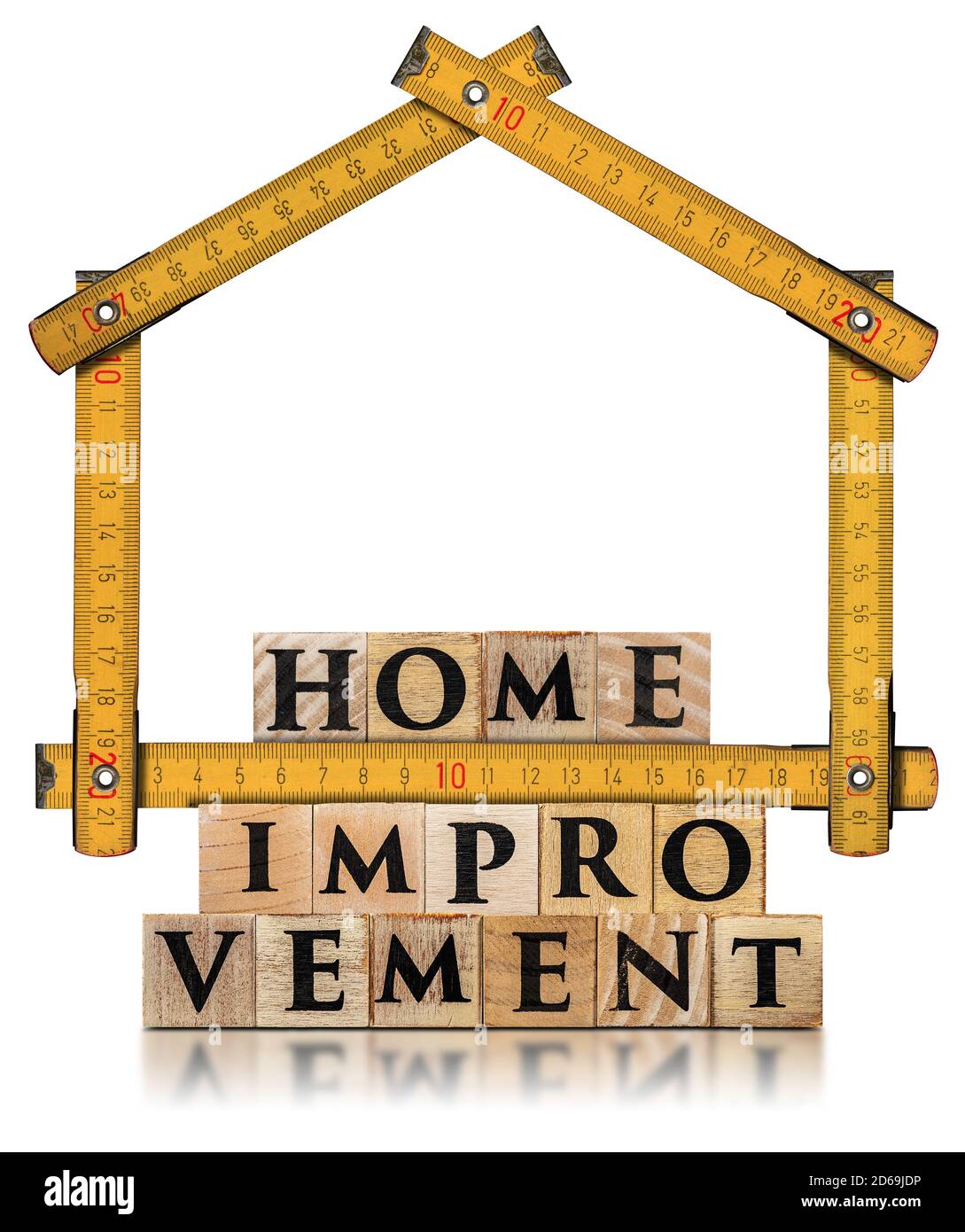 Text Home Improvement, made of wooden blocks and a wooden yellow ...