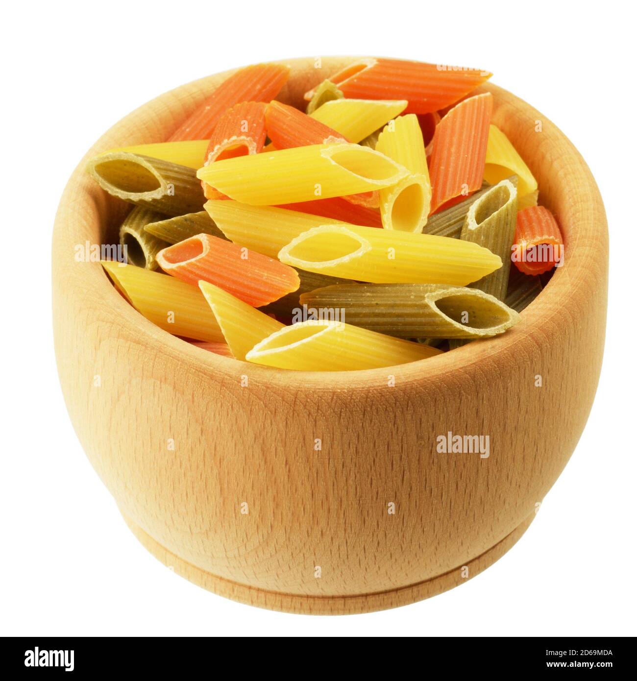 Wooden bowl of tricolor raw pasta penne isolated on white background ...