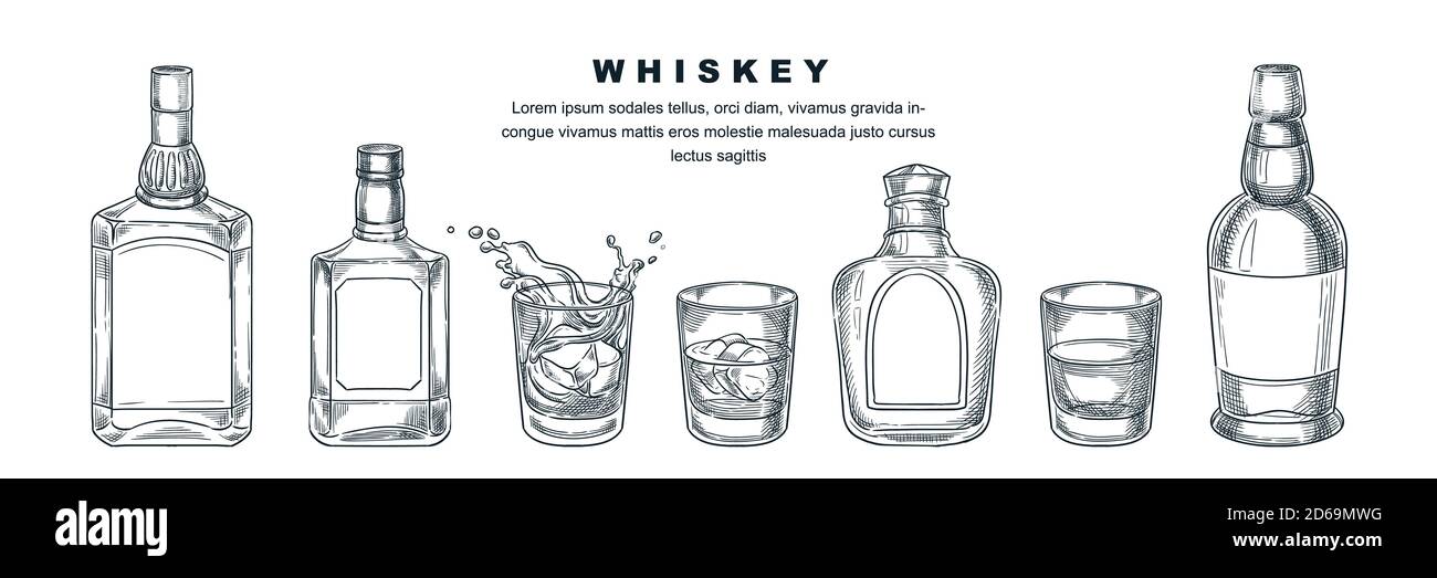 Whiskey bottles and glass with beverage and ice, vector sketch ...