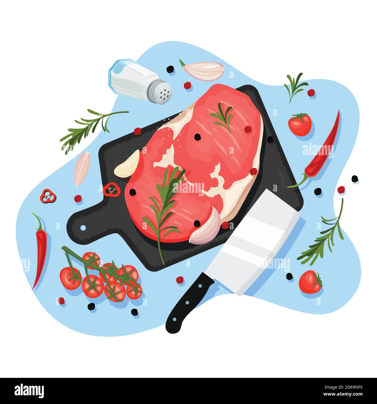 Cooking beef filet, vector cartoon top view illustration. Black ...