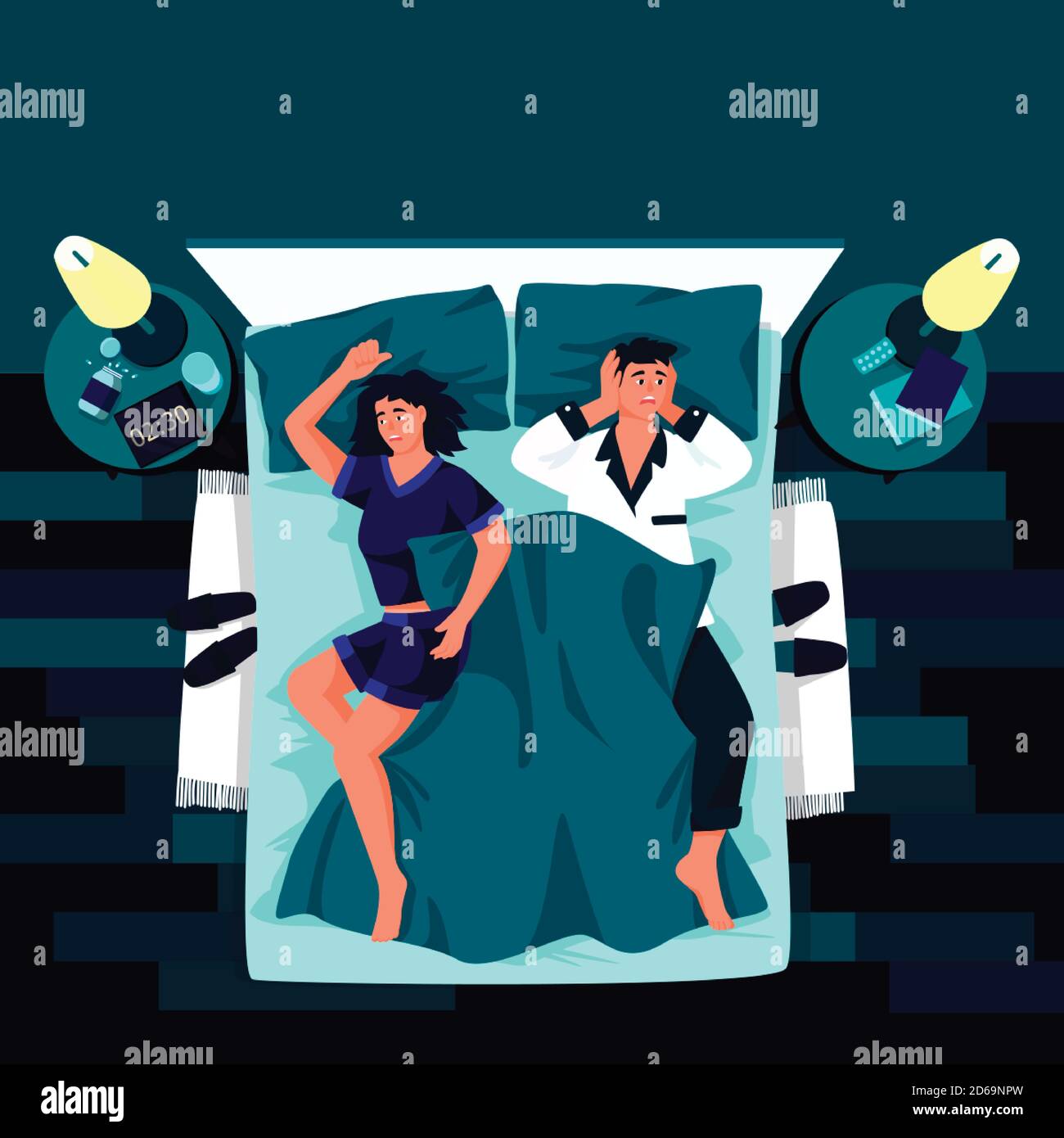 Young tired couple suffering from insomnia. Vector flat cartoon ...