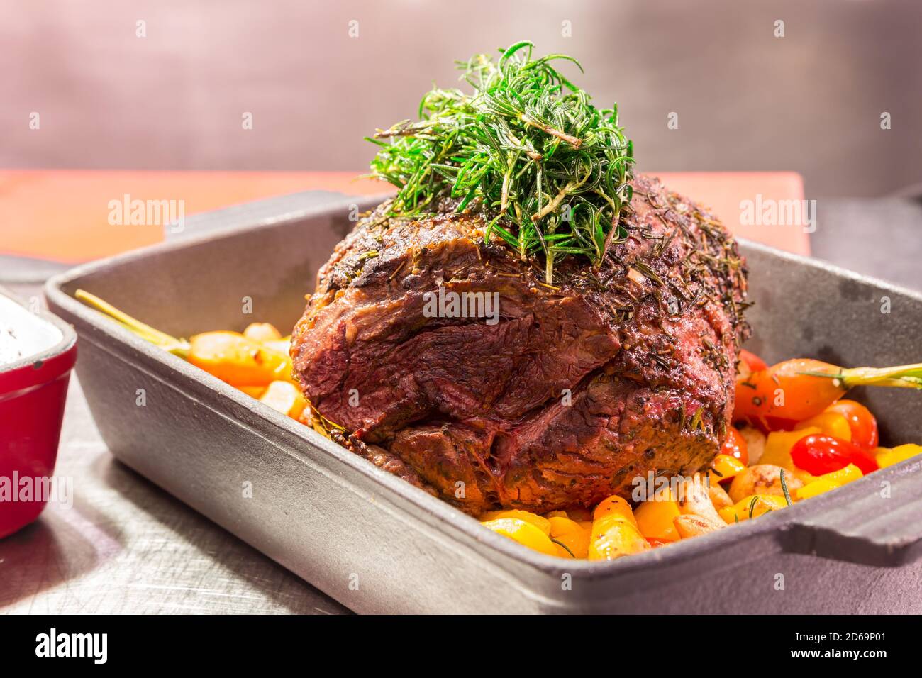 Gourmet Main Entree Course Grilled Rib-Eye Beef steak with herb Stock ...