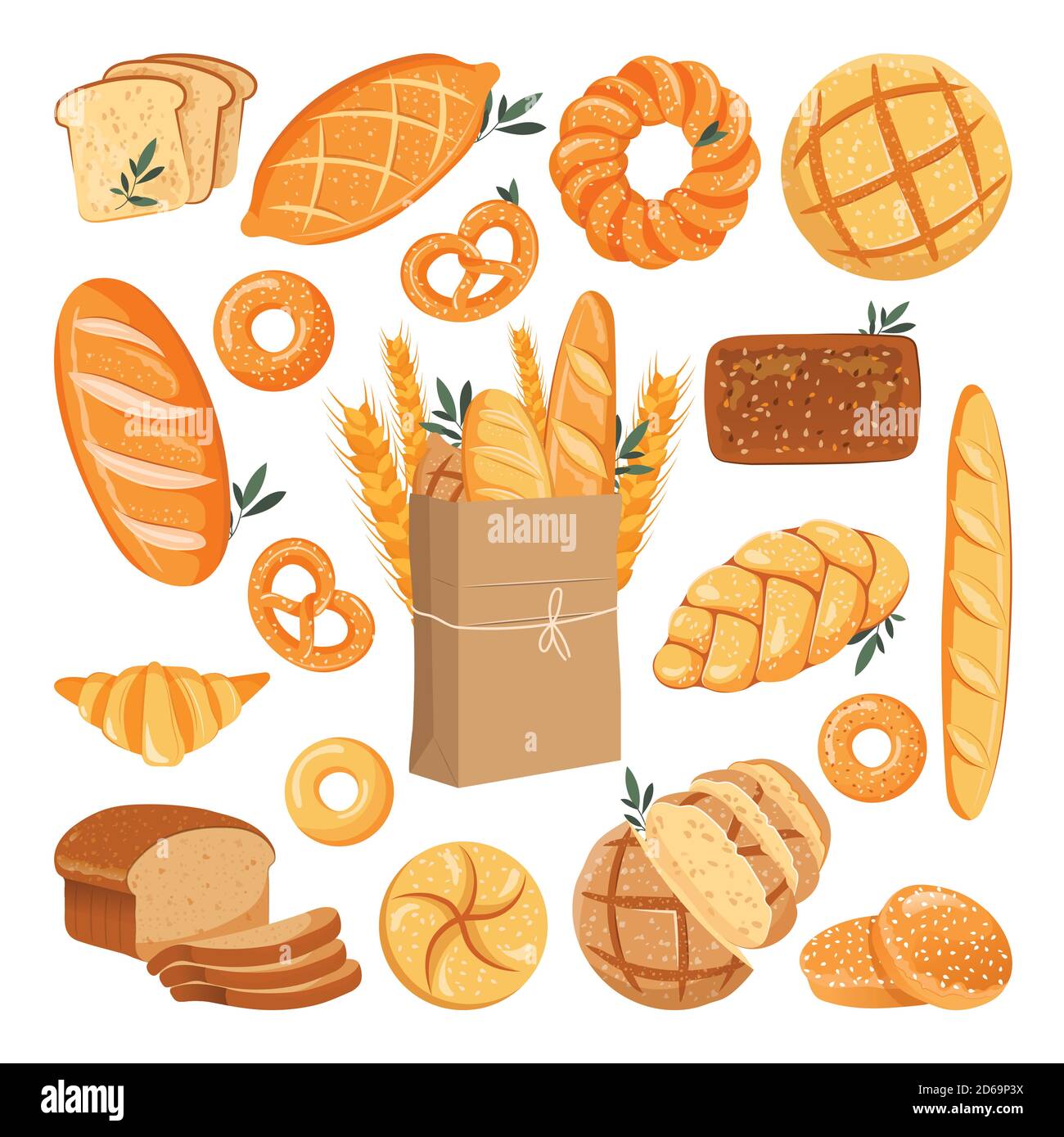 Fresh baked grain bread set. Vector flat cartoon illustration. Rye and ...