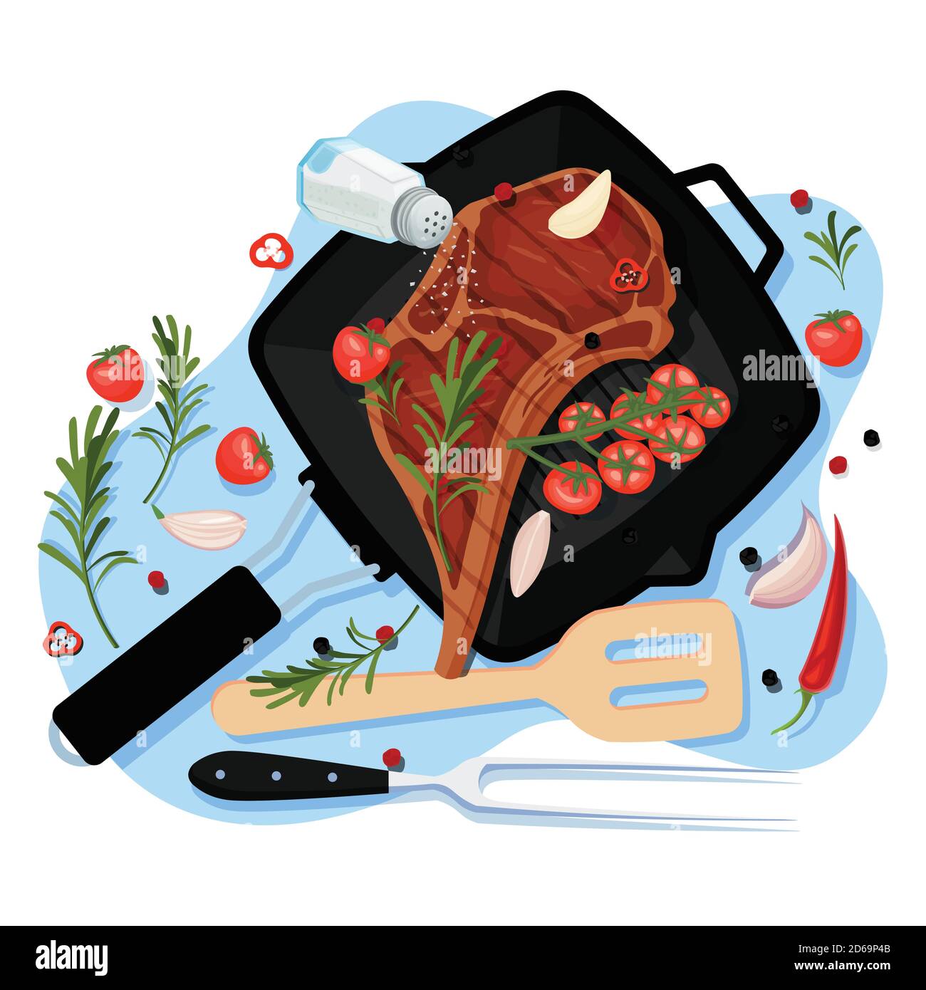 Cooking beef steak, vector cartoon top view illustration. Black grill ...