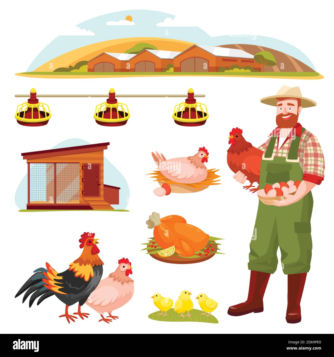 Poultry farm fowl, equipment and farmer, isolated on white background ...
