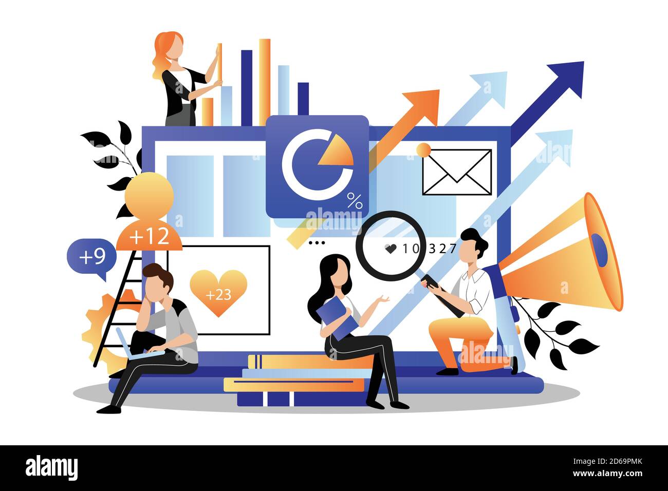 Team of business marketers analyzes data, develops product promotion ...