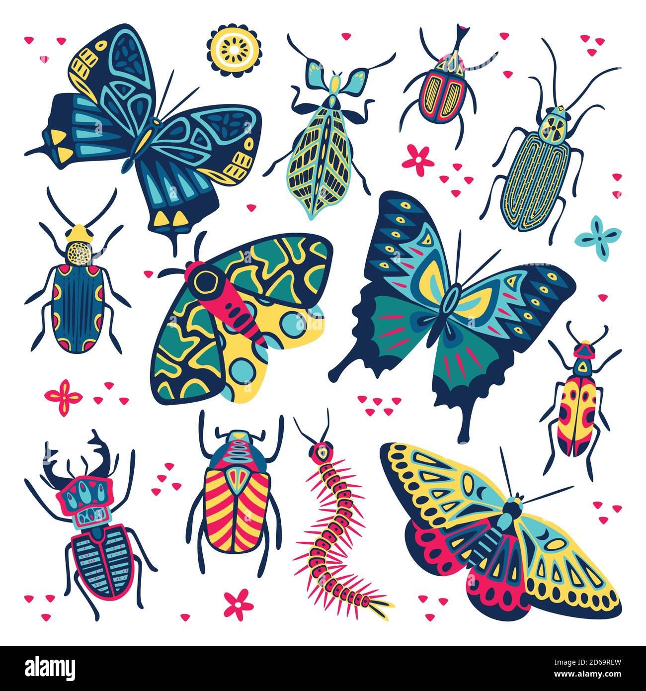 Bright multicolor butterfly, beetles and bugs set. Vector flat cartoon ...