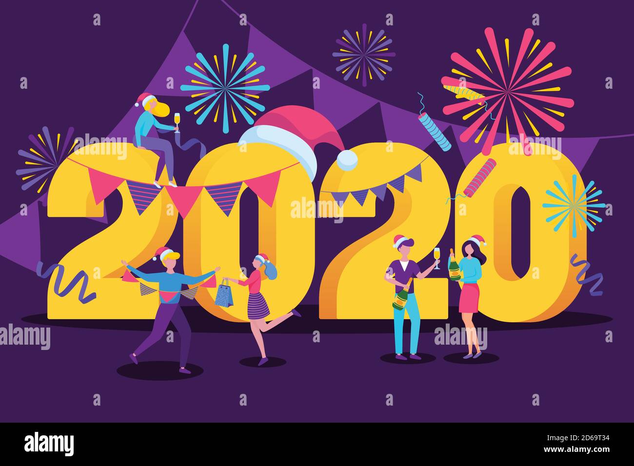 New Year 2020 greeting card. Vector flat cartoon illustration on dark ...