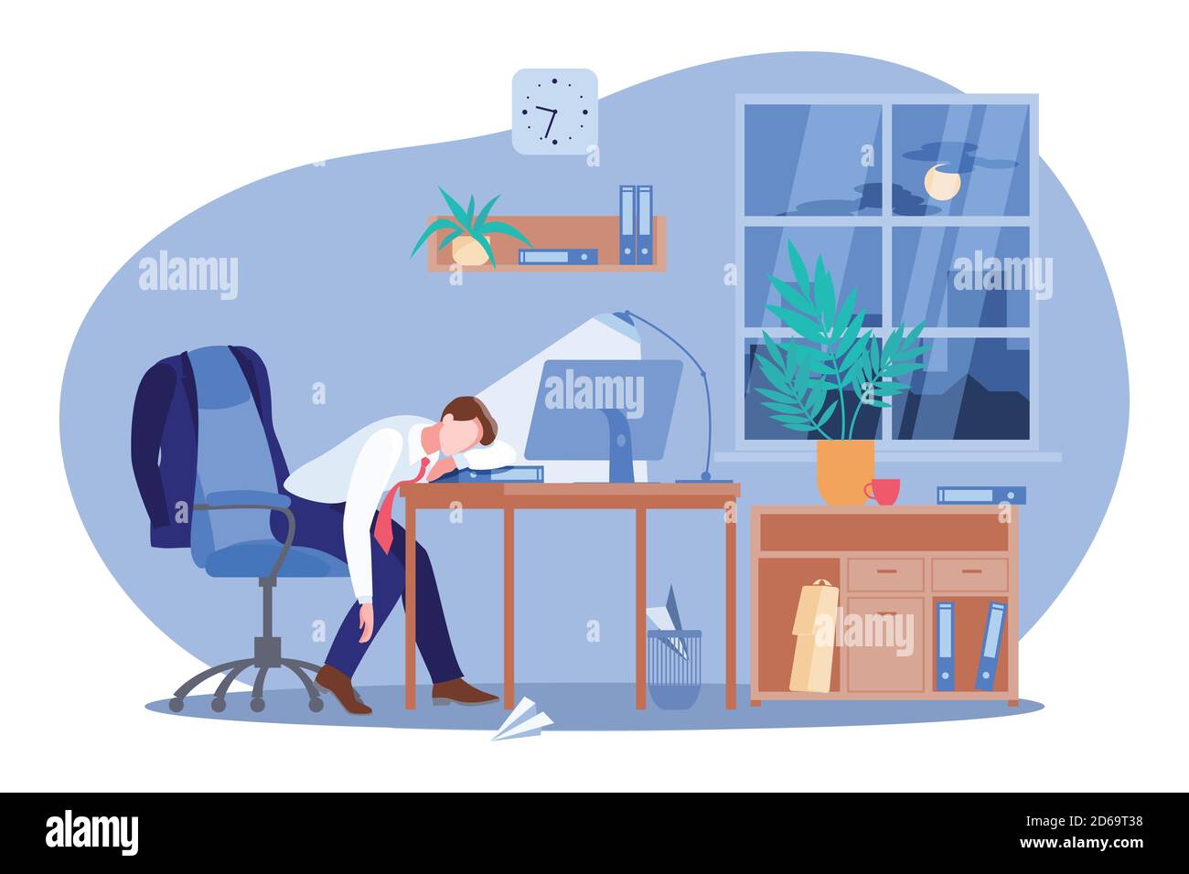 Tired freelancer or business man sleeping at the computer desk in dark ...