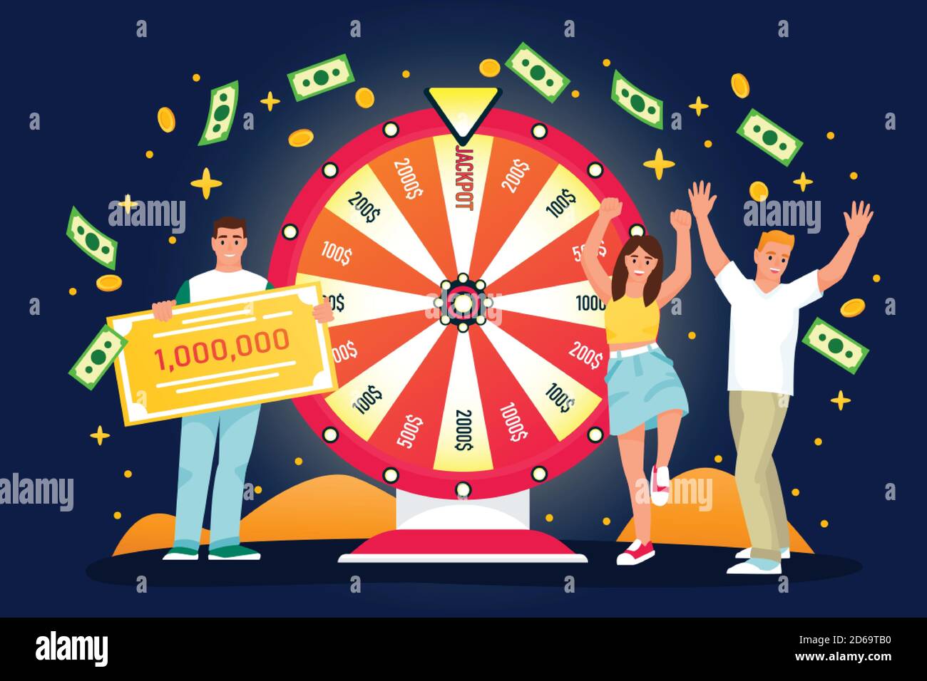 Happy people win jackpot in lottery. Vector flat cartoon illustration ...
