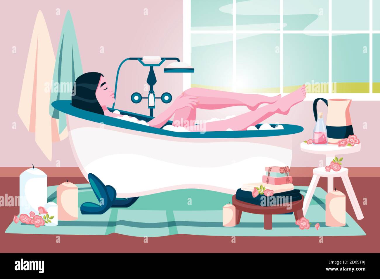 Young Relaxed Woman Takes A Bath With Foam Vector Flat Cartoon