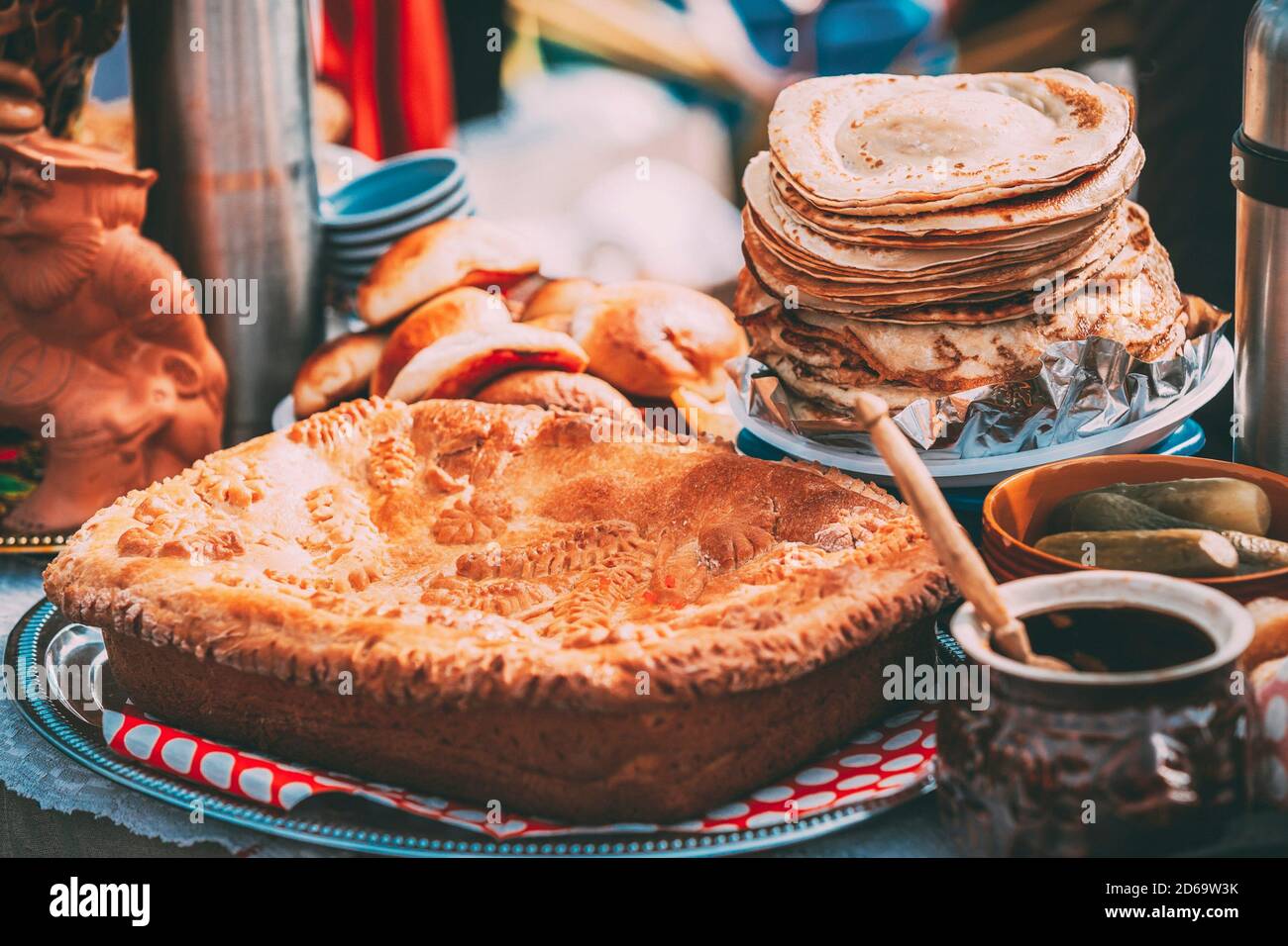 The dishes of the traditional Belarusian cuisine - pie, pancakes and ...