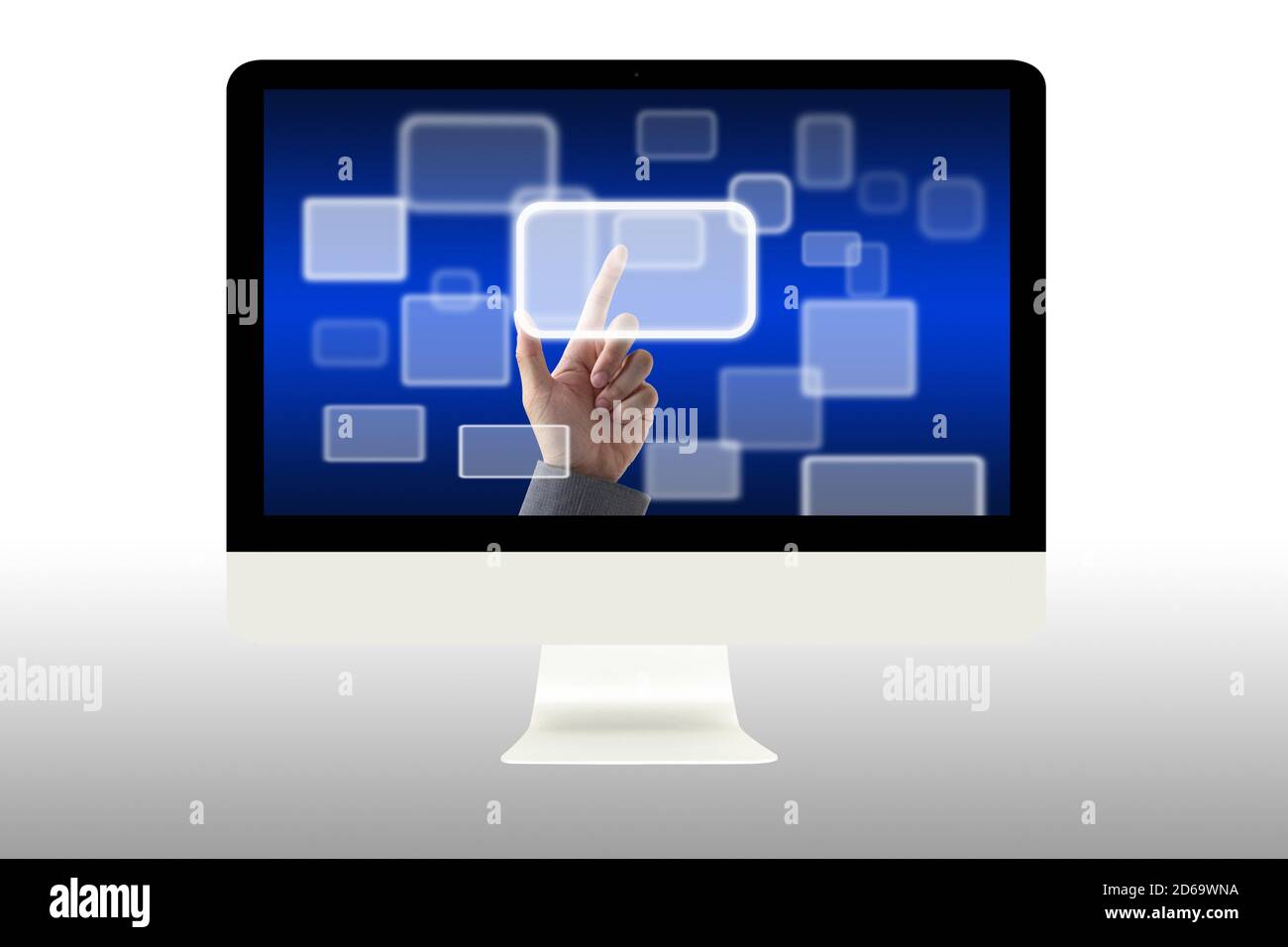 Business hand touch virtual button on Computer Monitor Stock Photo - Alamy