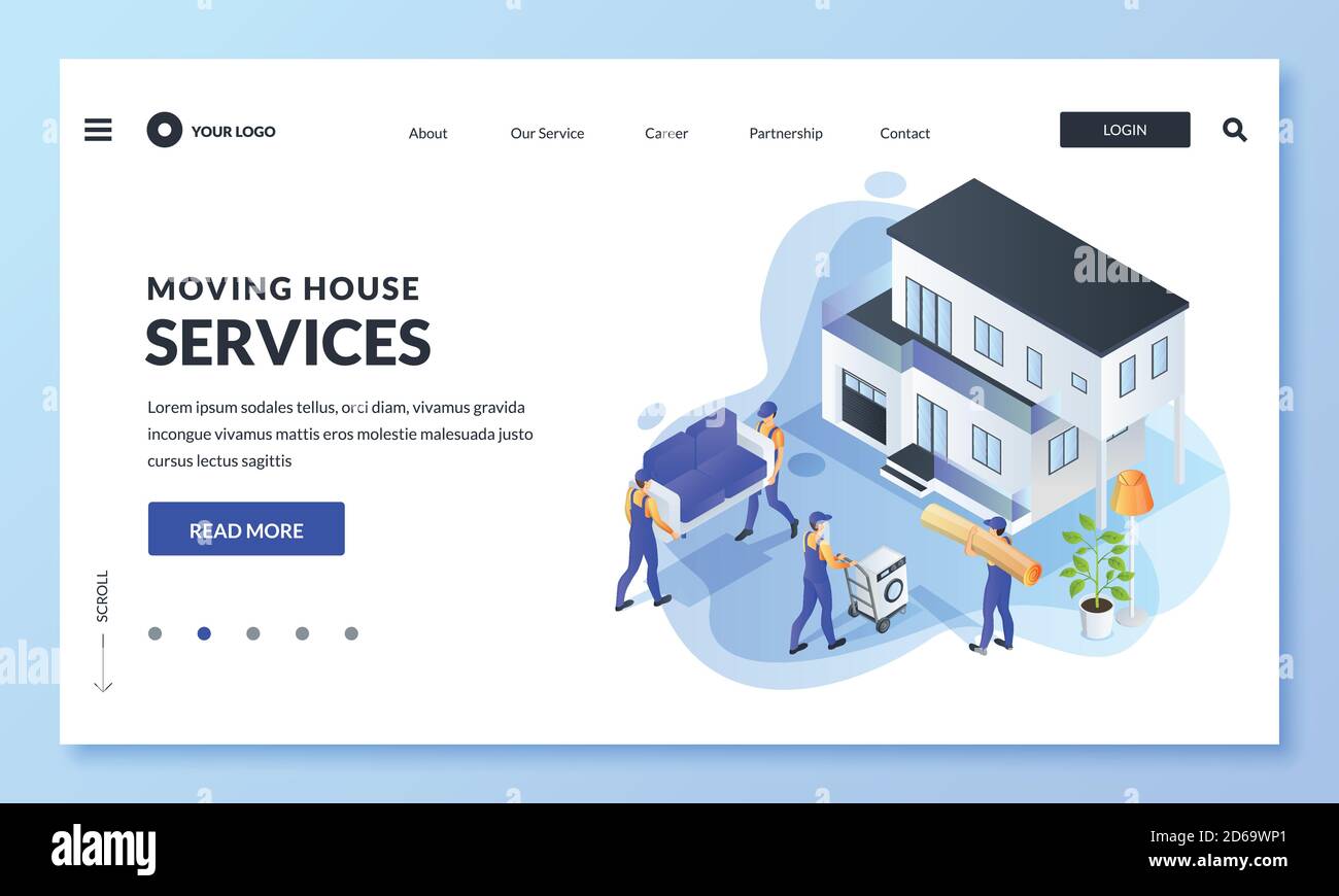 Moving service banner design template. Workers carry furniture and ...