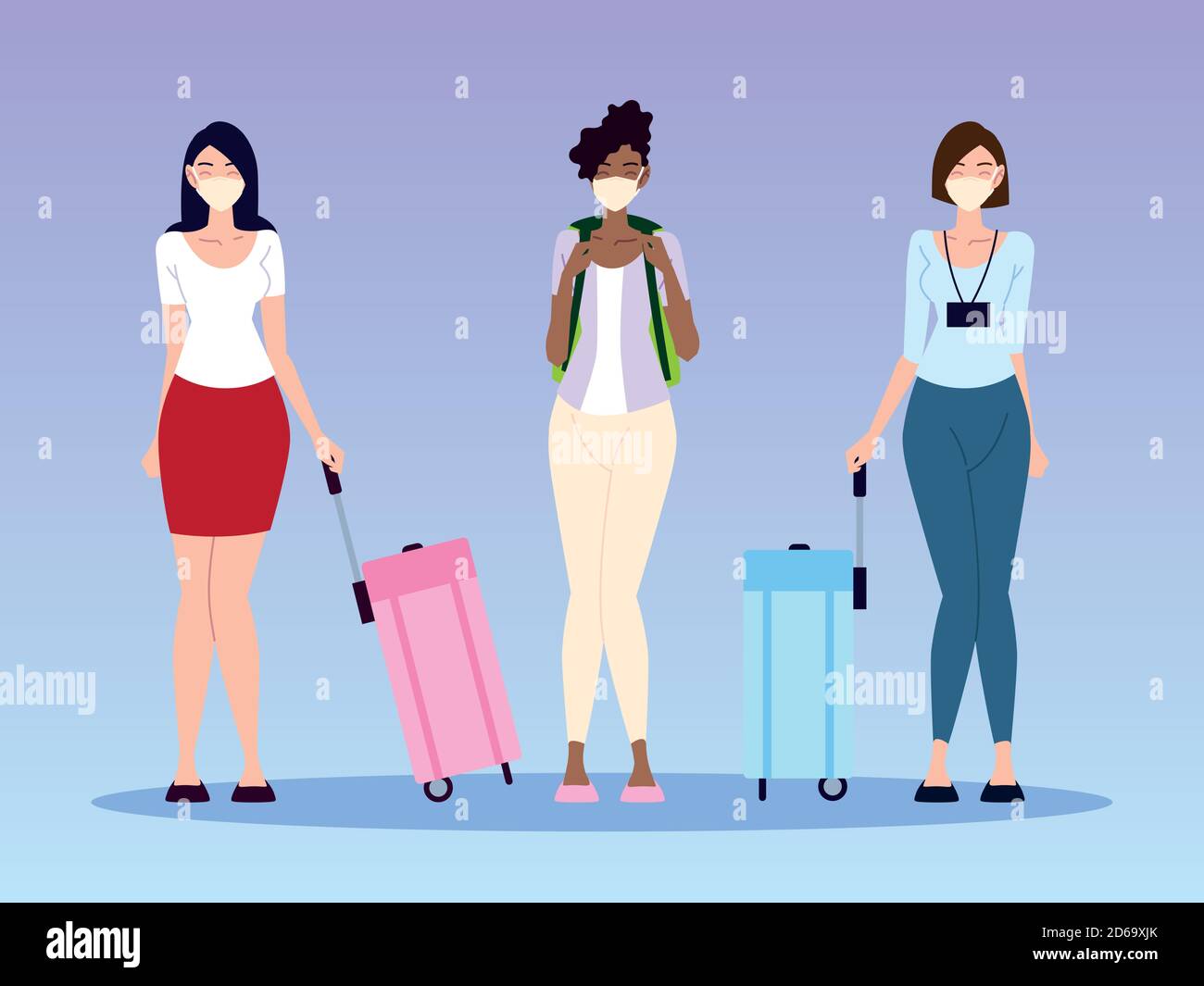 airport new normal, group women characters with masks and suitcases ...