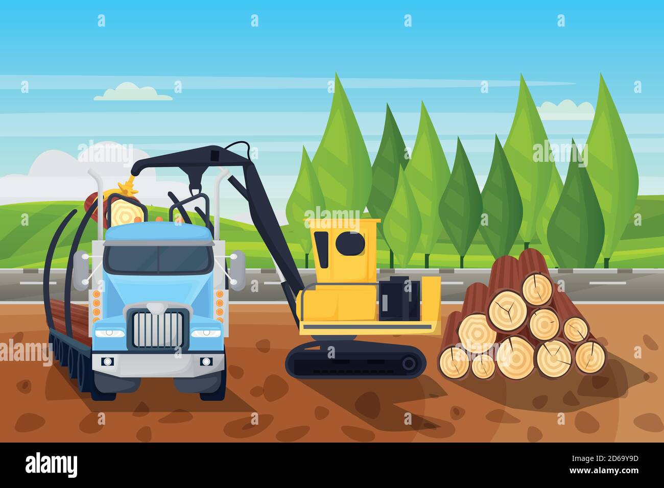 Forestry Logging Industry Loading Wooden Logs In Truck Vector Flat Cartoon Illustration