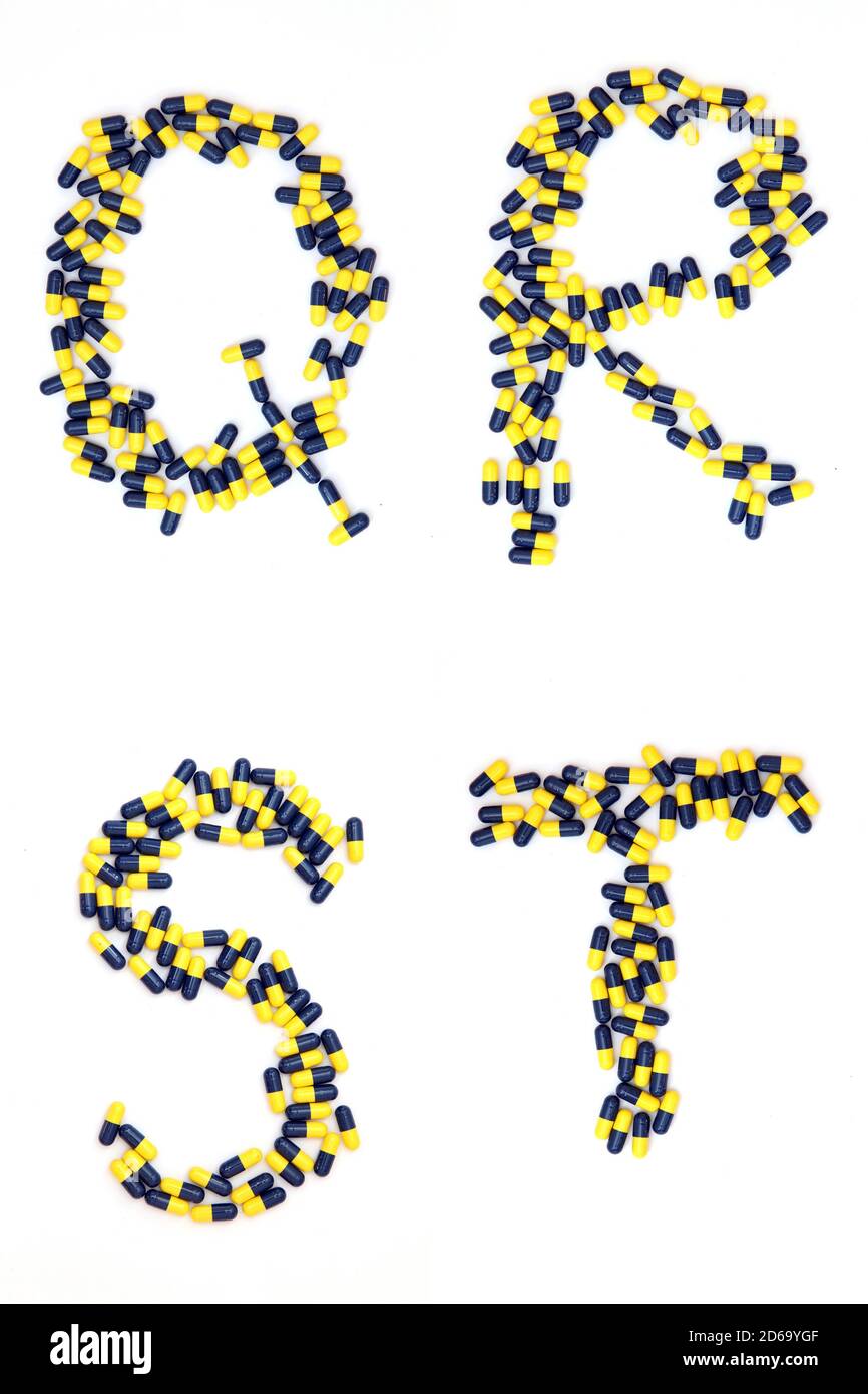 Collection of letter QRST alphabet made of medical capsules style Stock ...