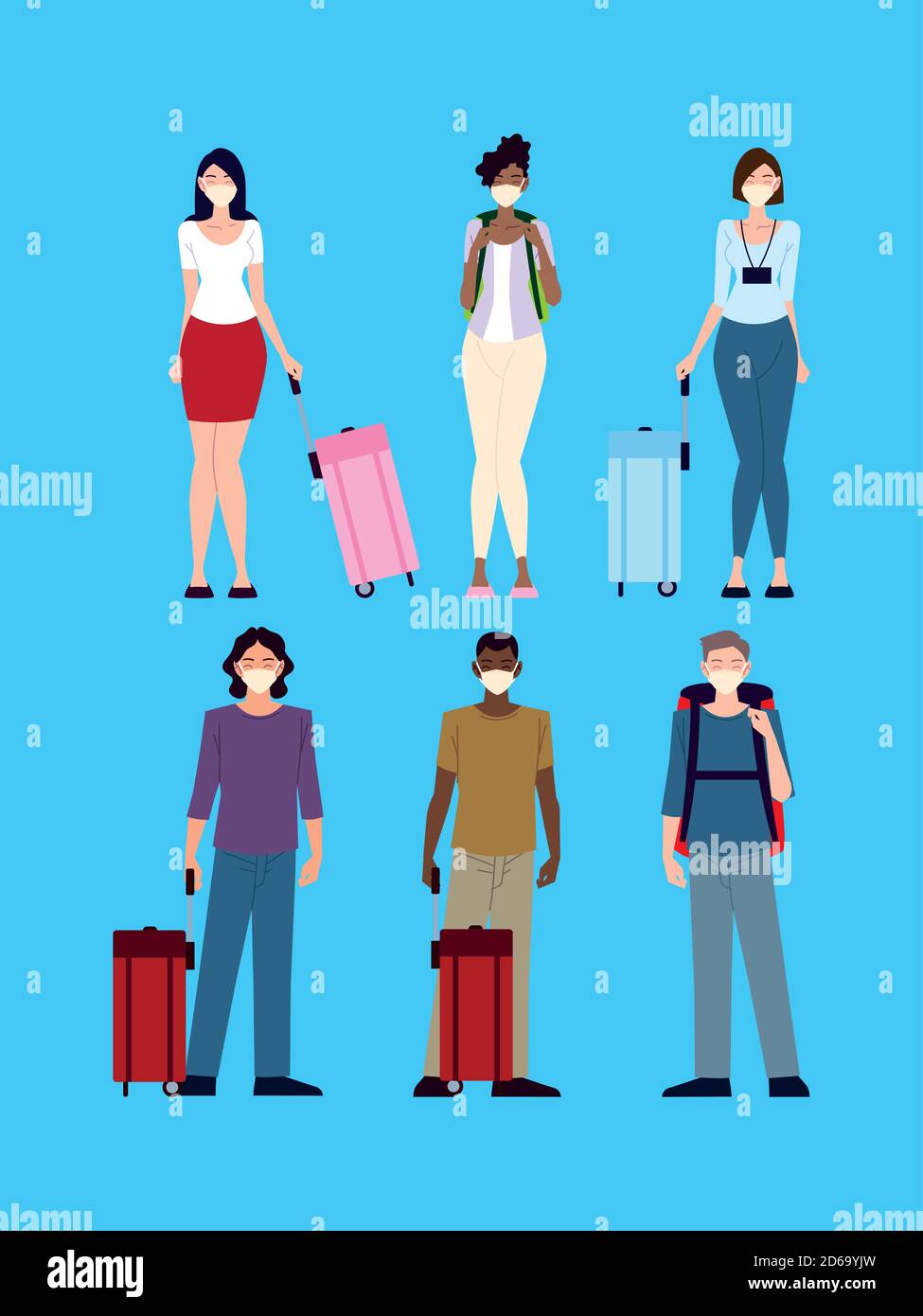 airport new normal, group people with protective masks and suitcases ...