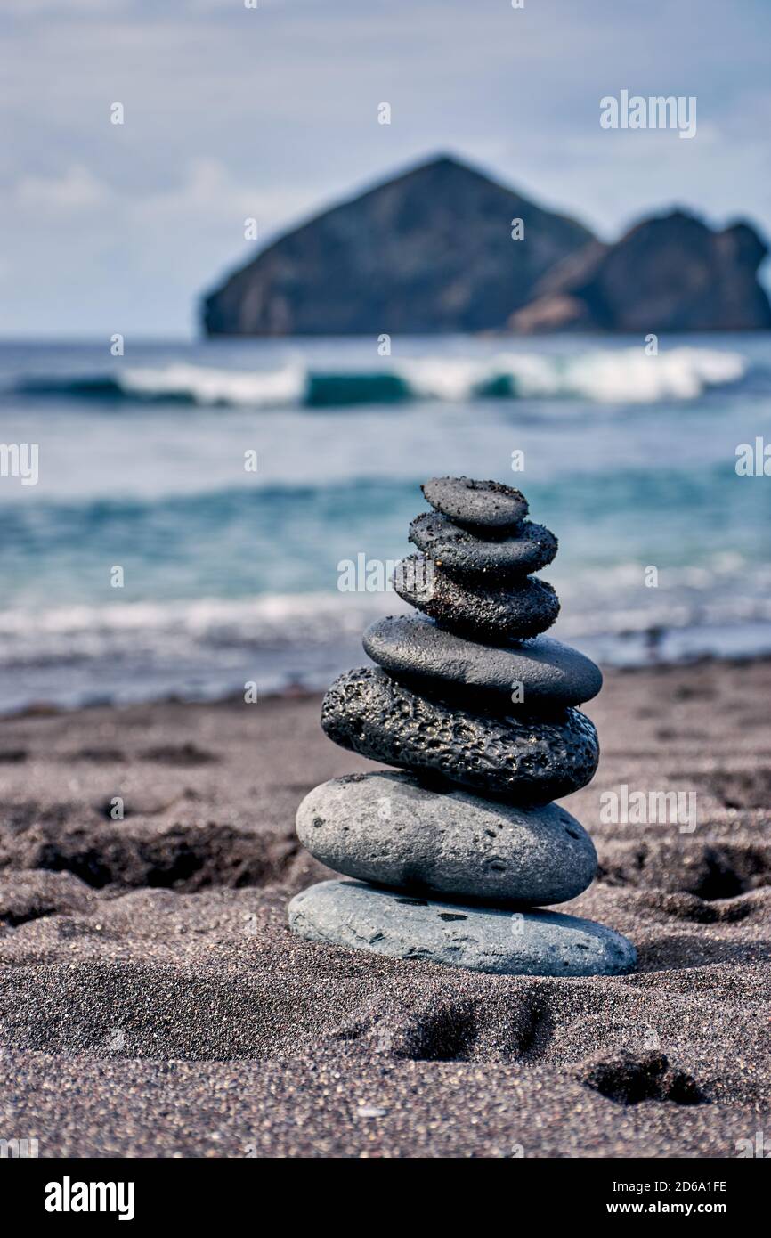 zen stone tower at the Atlantic in Mosteiros Sao Miguel Azores ...