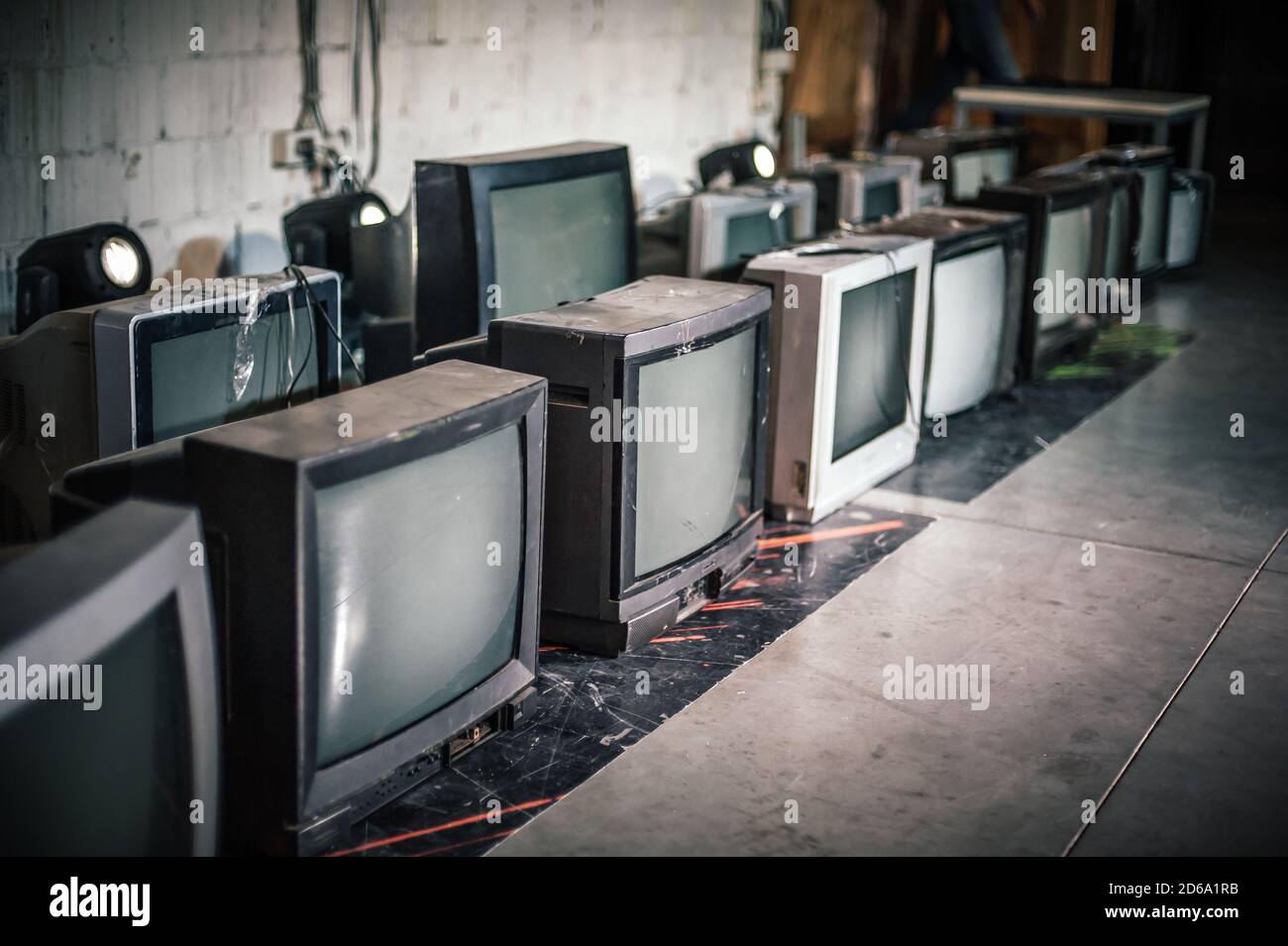 Stack of retro vintage televisions stacked. Lifestyle details, old TV ...