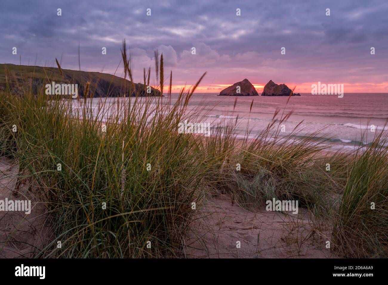 Holywell bay Sunset with sand dunes at Holywell Bay near Newquay in ...