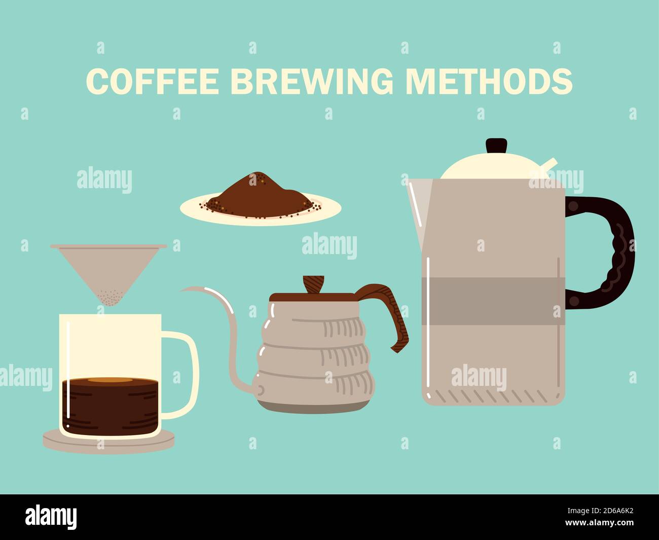 coffee brewing methods, drip cup kettle and pot with seeds vector ...