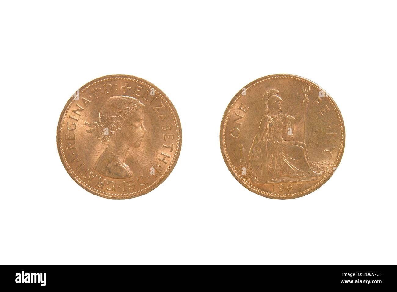 Close up of one new shiny bronze British penny, front and back ...