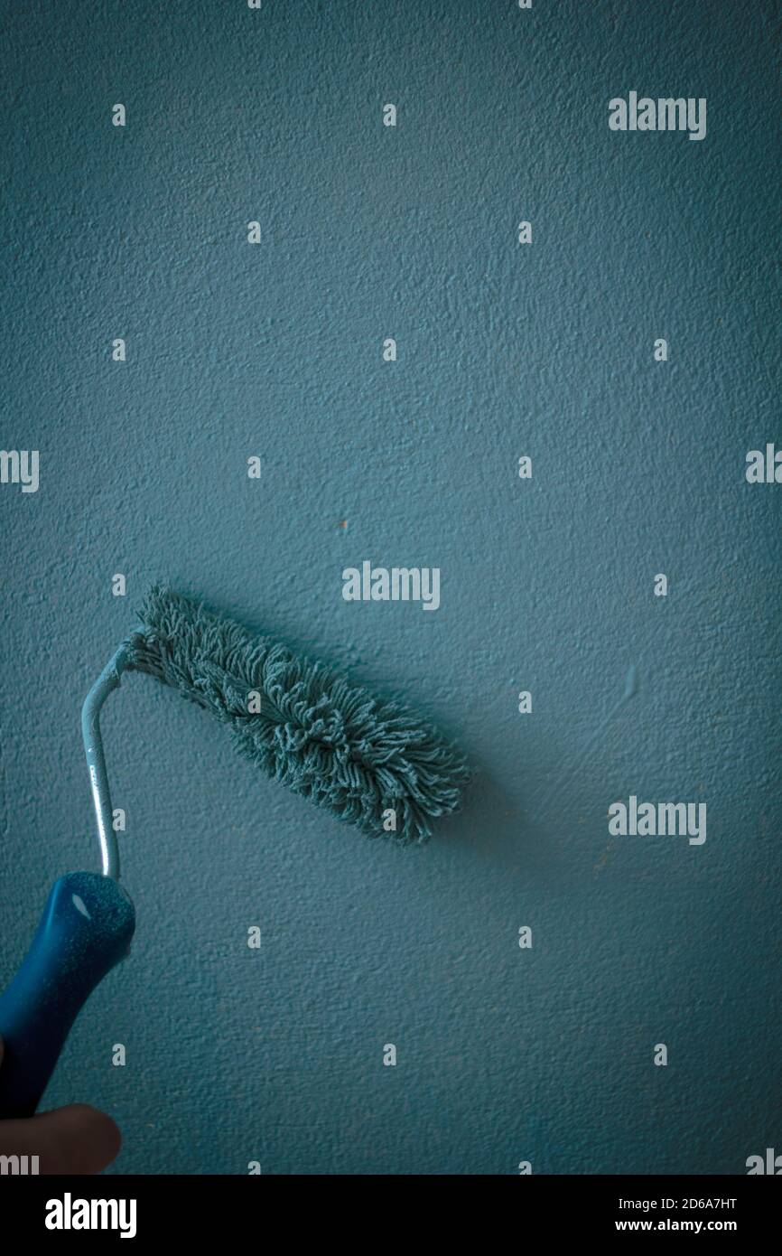 Painting wall by aqua color paints with paint roll Stock Photo - Alamy