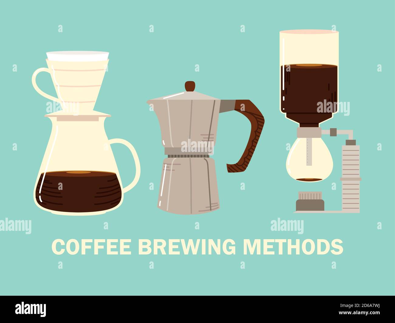 coffee brewing methods, syphon moka pot and drip coffee vector ...