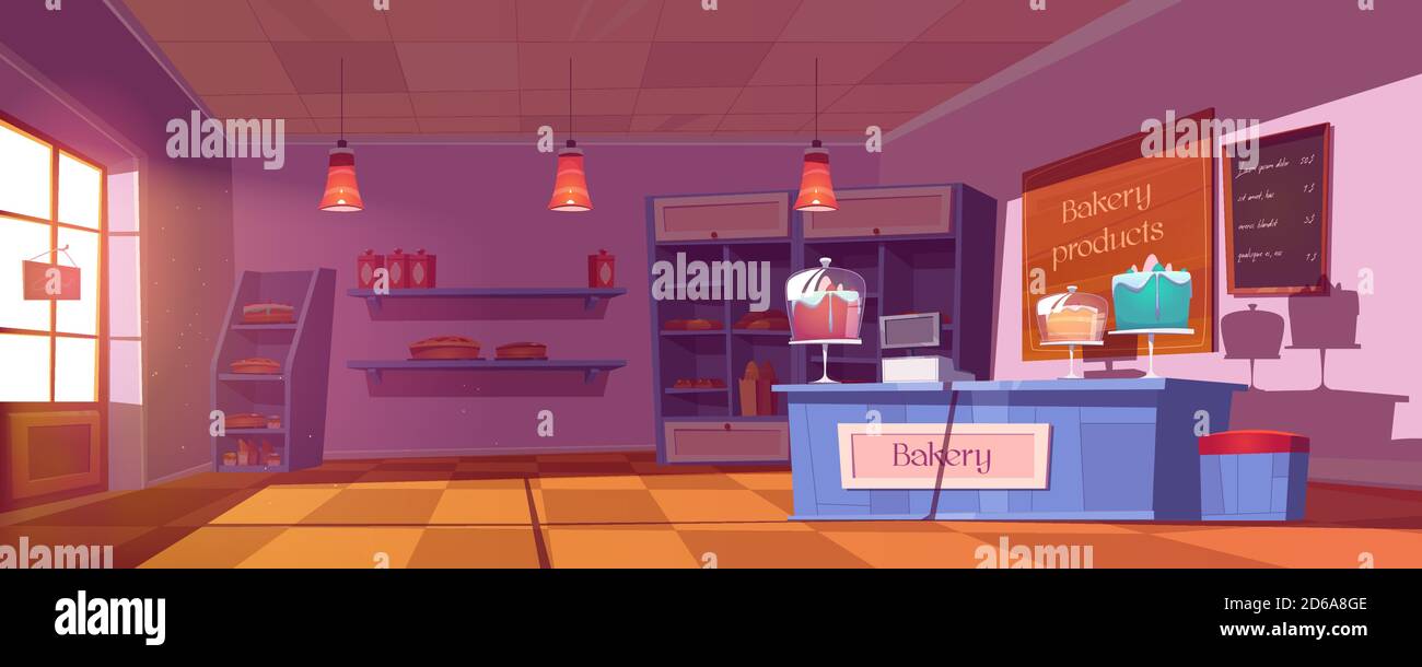 Bakery shop interior with cakes, bread and pastry on showcase and ...