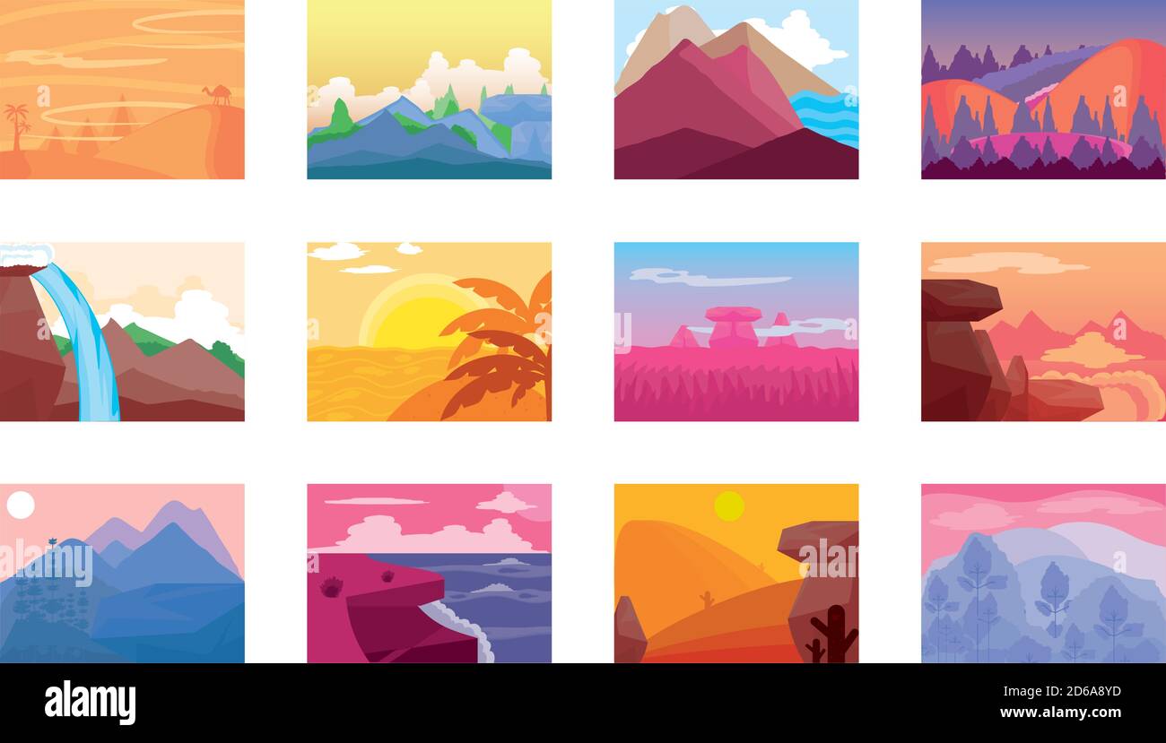 landscape, set of mountains waterfall river sea field and more vector ...