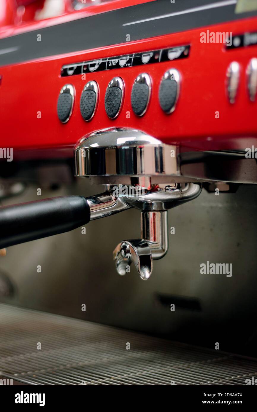 Red metal coffee machine at cafe or restaurant Stock Photo - Alamy