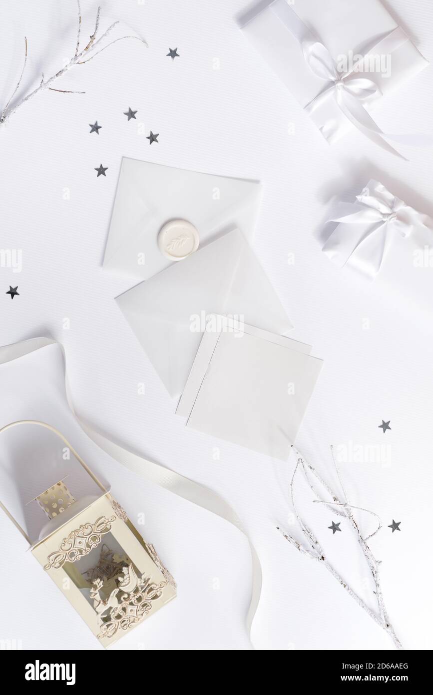 White Christmas background with mockup letter, pen and lantern Stock ...