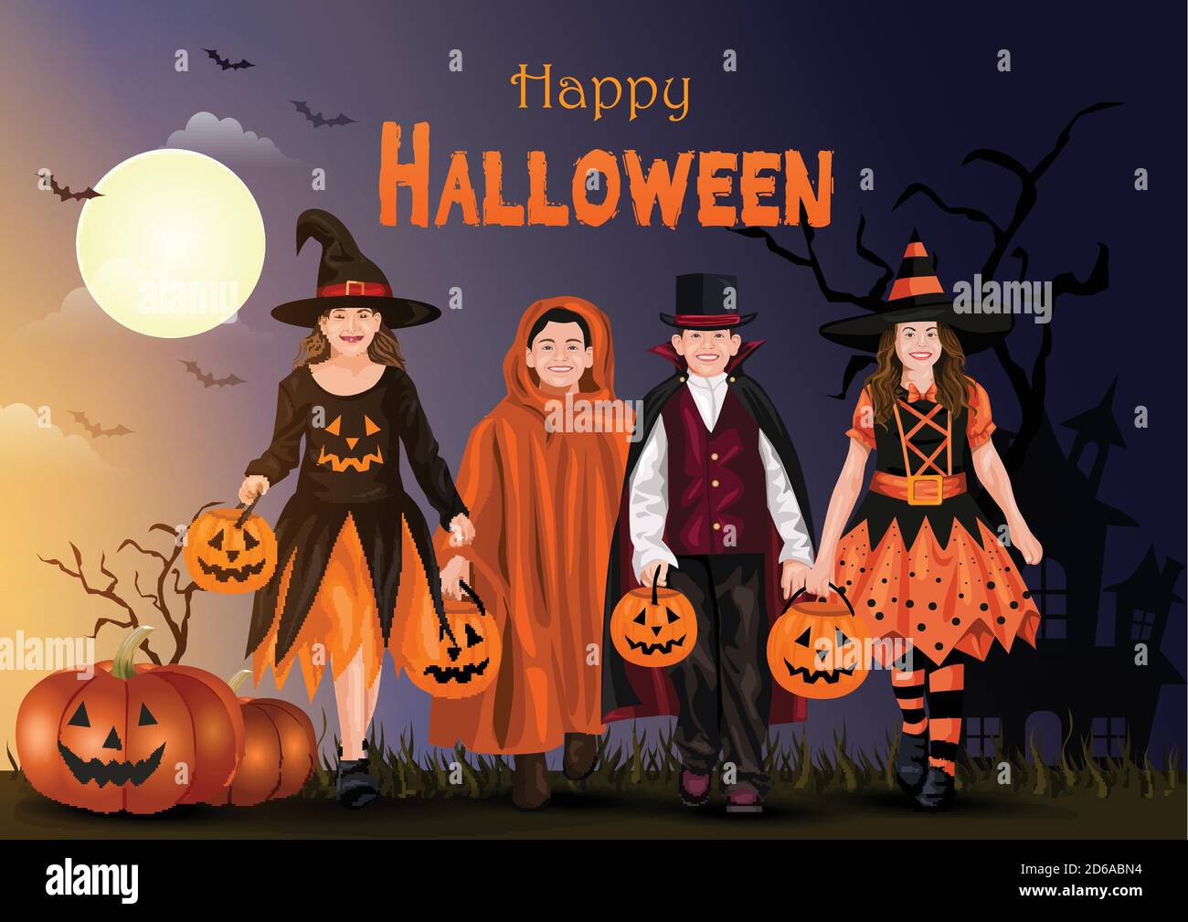 Kids walking on Halloween trick or treat. Halloween costumes with candy ...