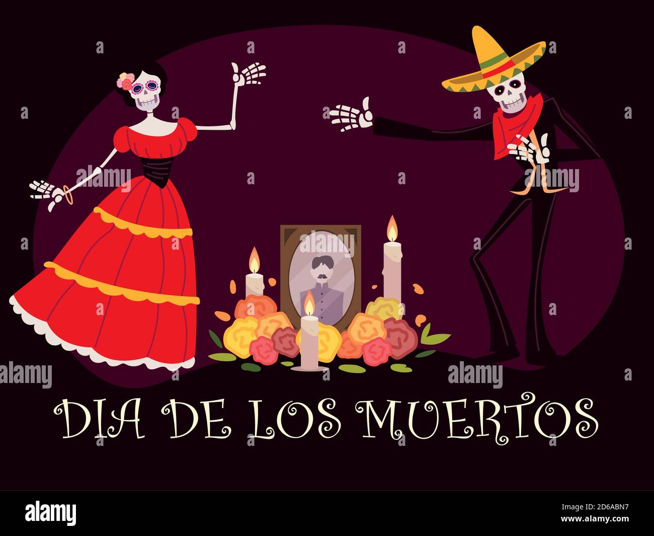 day of the dead, altar with catrina skeleton photo candles and flowers ...