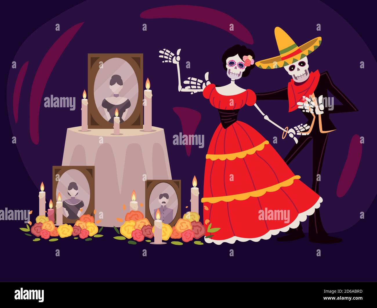 day of the dead, catrina skeleton altar with photos candles and flowers ...