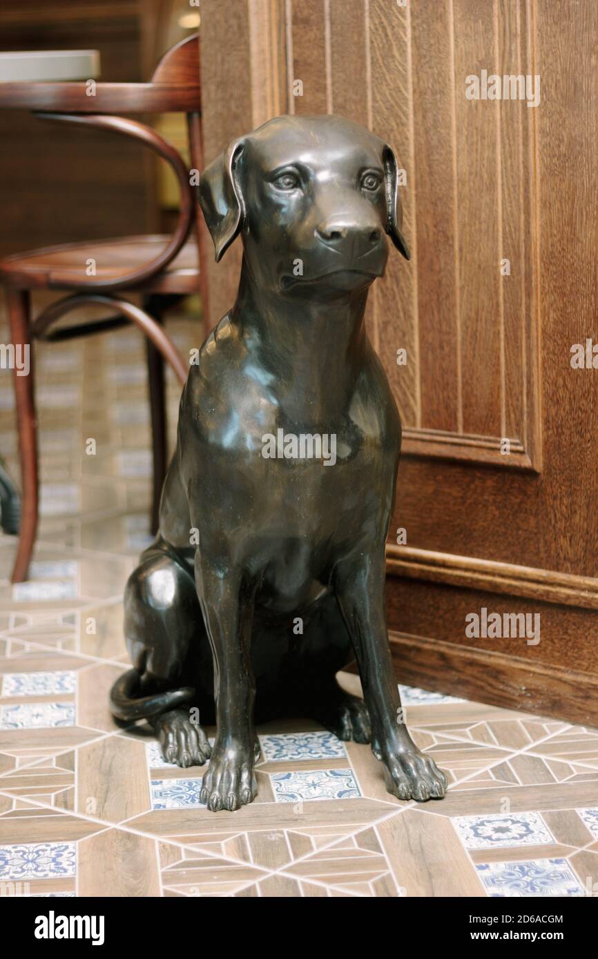 Statue of dog on wooden background as interior design element Stock ...