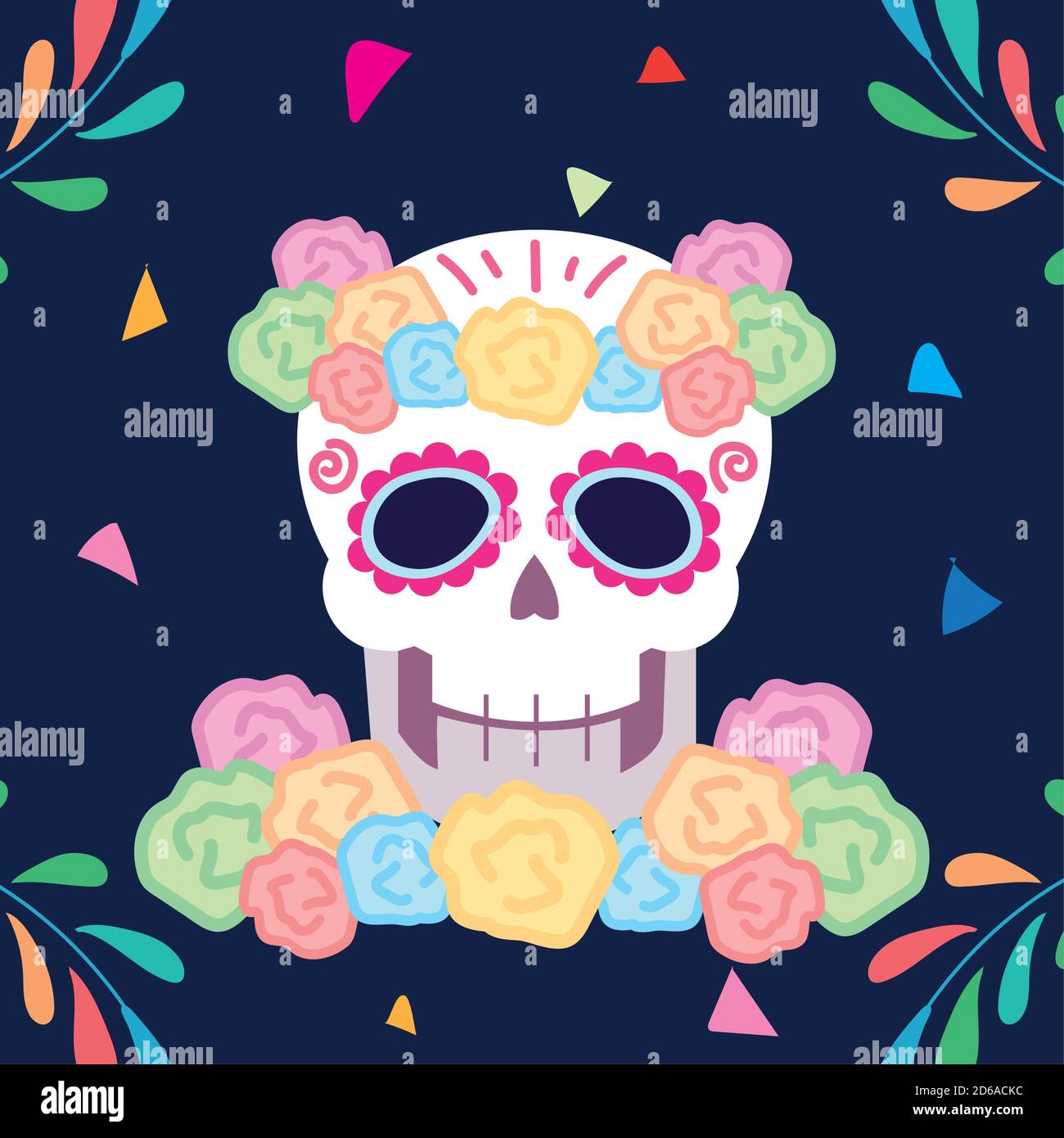day of the dead, sugar skull with flowers and confetti decoration ...