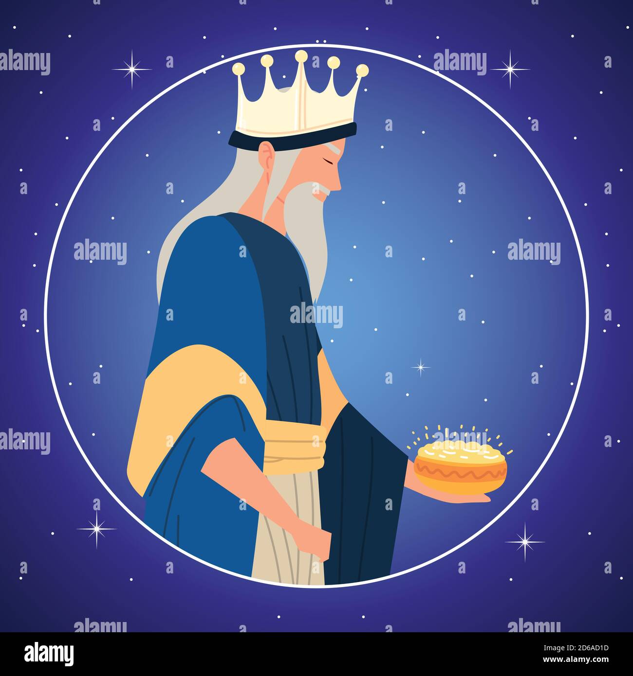 nativity, Melchior wise king manger round portrait vector illustration ...