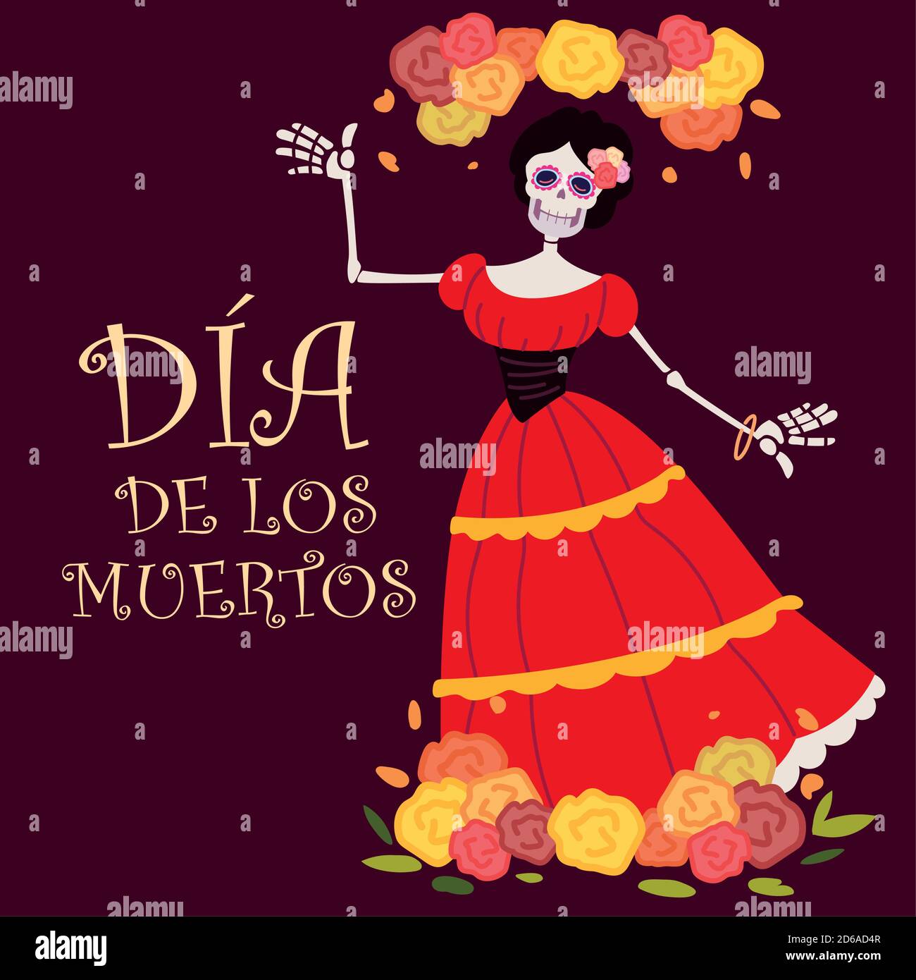 day of the dead, catrina with red dress and flowers decoration, mexican ...