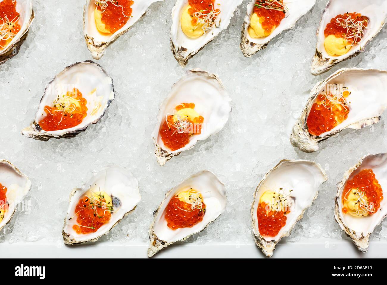 Fresh Oysters close-up on blue plate, served table with oysters, lemon ...
